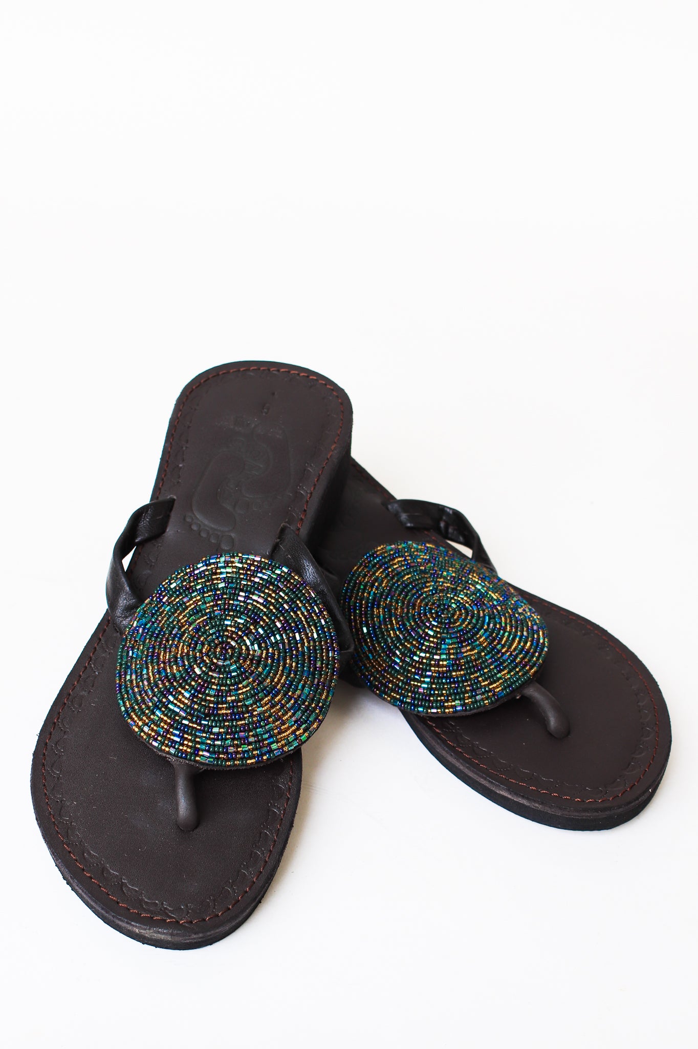 Hand Beaded Flip Flops, Blue Discs – Handspun Hope